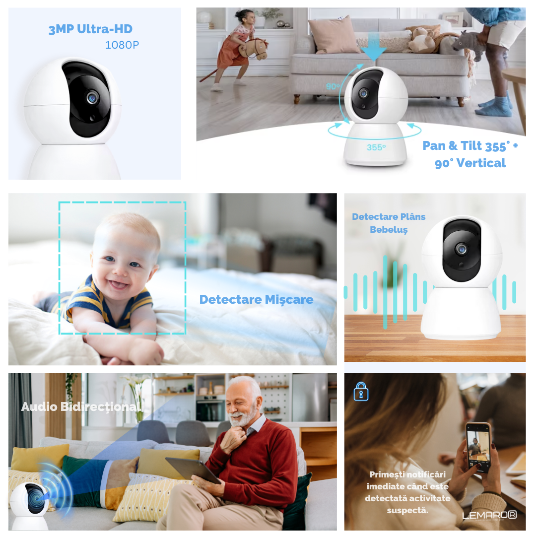 Baby Monitor Lemaro®, 360°, Camera Video Audio Wireless Pentru Suprave