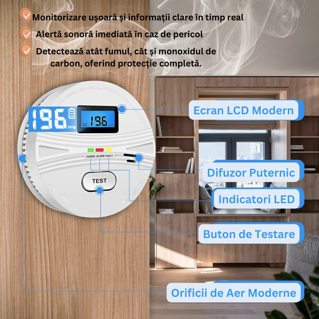 Detector 2 in 1 Monoxid de carbon si Fum Lemaro®, Display LCD, Senzor